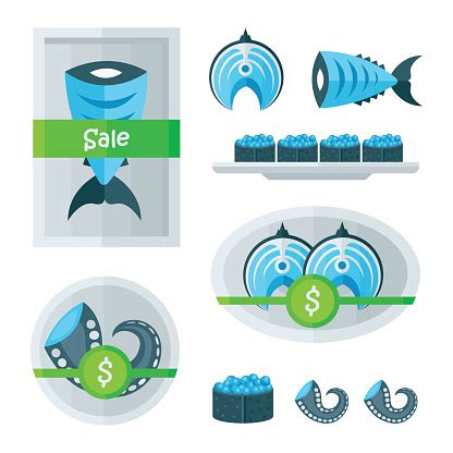 Steak Fish And Seafood Infographic Blue Green Color Stock Vector