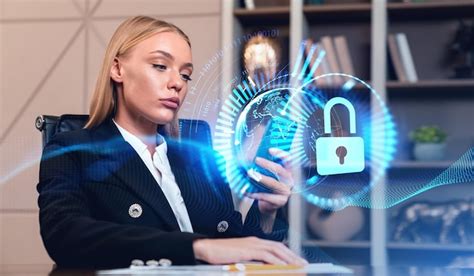 Premium Photo Woman With Smartphone In Office Cybersecurity Interface