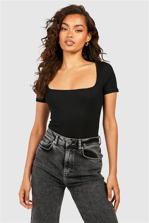 Womens Basic Short Sleeve Square Neck Rib Bodysuit Boohoo Uk