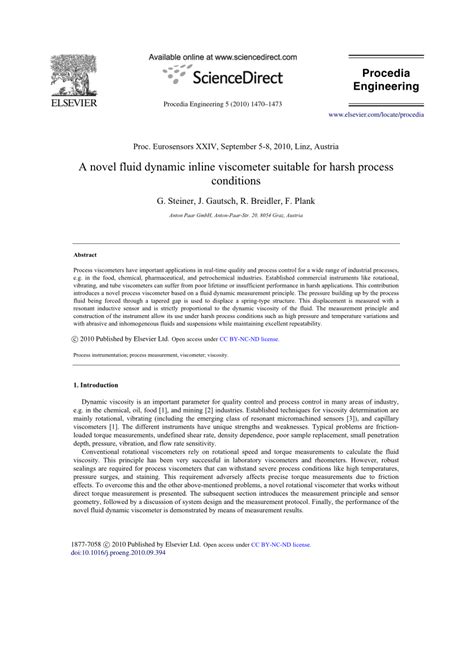Pdf A Novel Fluid Dynamic Inline Viscometer Suitable For Harsh Process Conditions