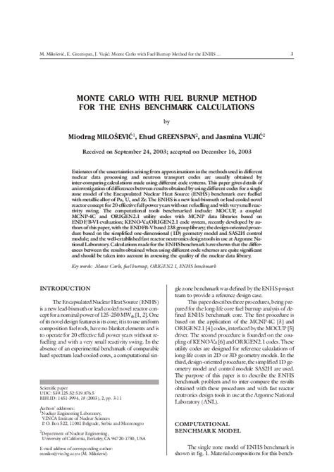 pdf monte carlo with fuel burnup method for the enhs benchmark