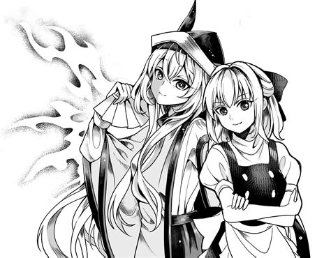 Safebooru 2girls Apron Closed Mouth Crossed Arms Fan Greyscale Hat