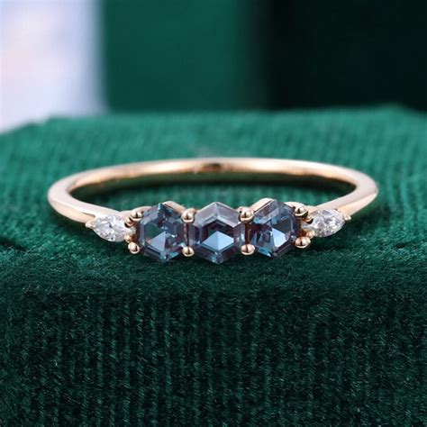 Triple Hexagon Alexandrite Stackable Ring Diamond Accented Ring Mollyjewelryus