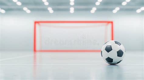 Soccer Ball Positioned Near Brightly Outlined Goal In Minimalist Indoor Arena Brightly Lit