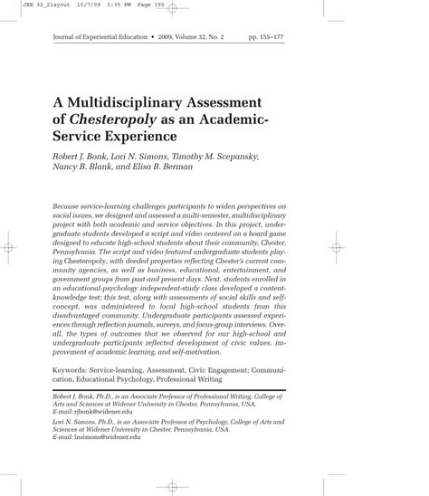 Pdf A Multidisciplinary Assessment Of Chesteropoly As An Academic