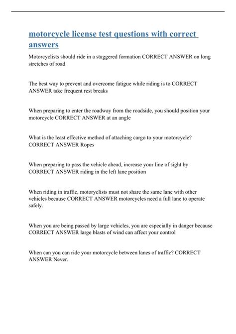 Motorcycle License Test Questions With Correct Answers Motorcycle