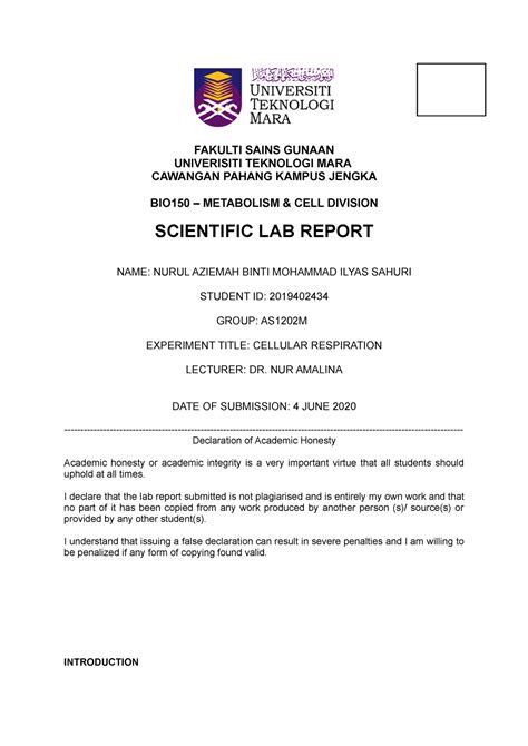 Cellular Respiration Lab Report Fakulti Sains Gunaan Univerisiti Teknologi Mara Cawangan