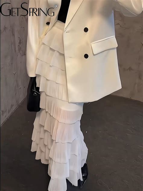 Getspring 여성용 하이 웨이스트 멀티 레이어 프릴 케이크 스커트 올 매치 루즈 캐주얼 롱 피쉬 테일 스커트 2023 여름 패션 Aliexpress