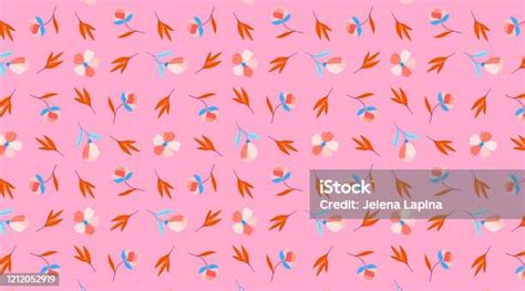 세련 된 핑크 이음새가 있는 꽃 무늬 작은 로맨틱 오렌지와 블루 필드 꽃과 잎 손으로 그린 장식 유행 벡터 디자인 질감입니다 단단한 분홍색 배경의 디지털 요소 0명에 대한
