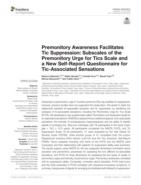 Pdf Premonitory Awareness Facilitates Tic Suppression Subscales Of