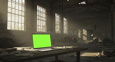 Laptop With Green Screen Display In Abandoned Industrial Building Interior Stock Illustration