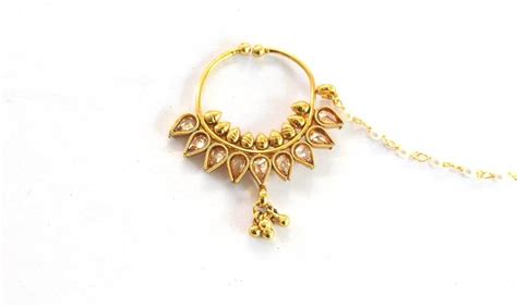 Glamorous Collection Gold Nose To Ear Chain Bridal Nose Ringgold Polki