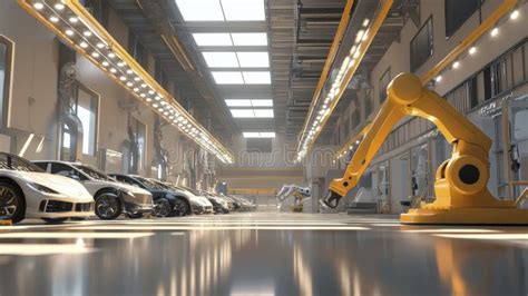 Yellow Robotic Arm Assembling Vehicles In Factory Line Stock Illustration Illustration Of