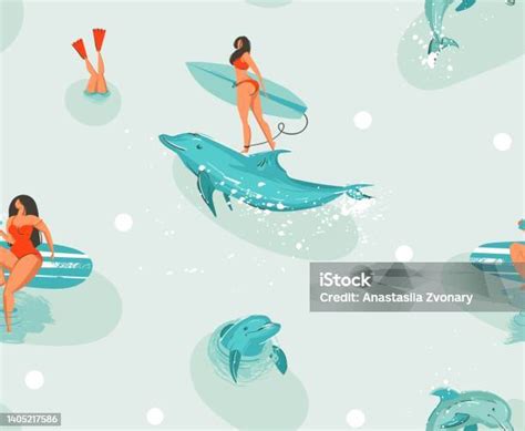손으로 그린 벡터 스톡 추상 귀여운 여름 시간 만화 일러스트 레이 션은 푸른 바닷물 배경에서 서핑 보드 소녀와 돌고래와 원활한 패턴 과일에 대한 스톡 벡터 아트 및 기타