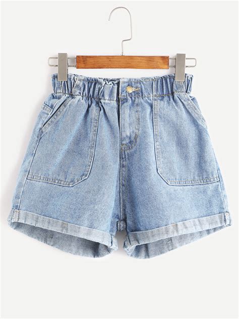 Elastic Waist Rolled Hem Denim Shorts SheIn Sheinside