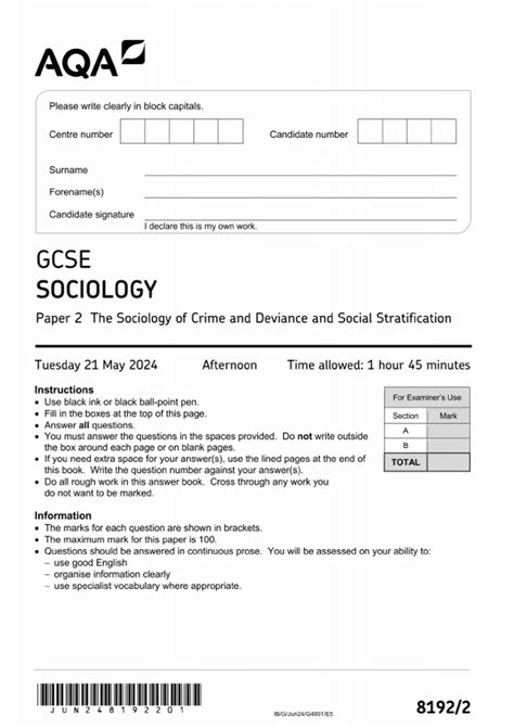 Aqa Gcse Sociology Question Paper 2 202481922the Sociology Of Crime