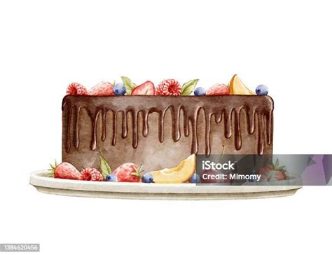수채화 손 그린 달콤하고 맛있는 초콜릿 생일 케이크 와 딸기 0명에 대한 스톡 벡터 아트 및 기타 이미지 0명 과일