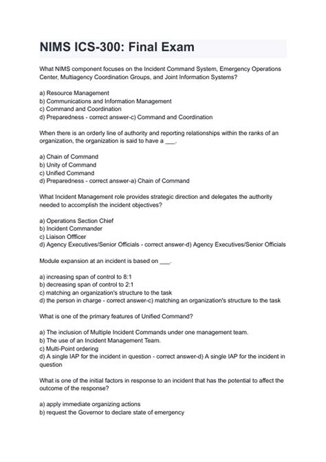 NIMS ICS 300 Final Exam Questions And Answers Latest 2024 NIMS ICS