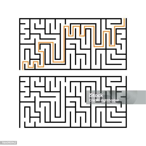 입력 및 출구가 있는 검은색 직사각형 미로 아이들을위한 흥미롭고 유용한 게임 흰색 배경에 격리 된 간단한 평면 벡터 그림입니다 대답과 함께 0명에 대한 스톡 벡터 아트 및