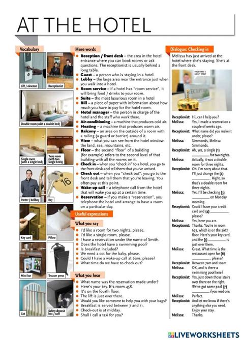 At The Hotel English As A Second Language Esl Activity English