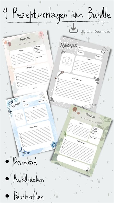 4 Rezeptvorlagen In Unterschiedlichen Designs Vorlagen Zum Etsy De