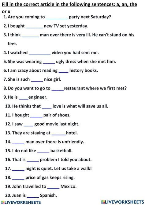 Articles Class 5 Free Interactive Worksheets 1180076