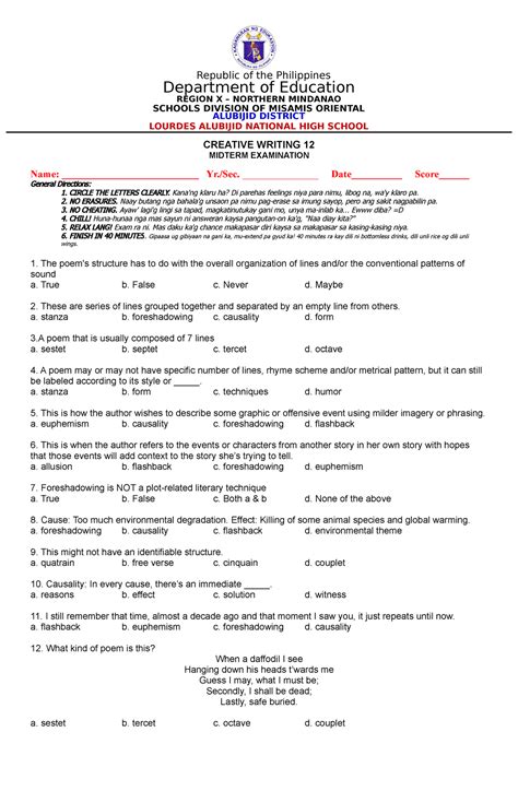 creative writing midterm creative writing 12 midterm examination name