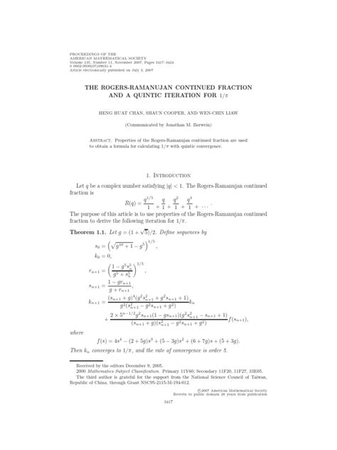 Rogers Ramanujan Fraction For 1π Pdf Pi Square Root