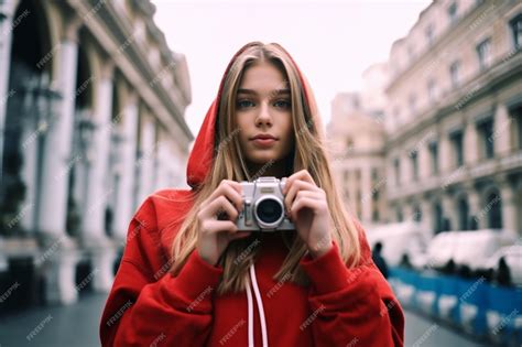 Cute Female Enjoying Amateur Photography During Sightseeing Premium