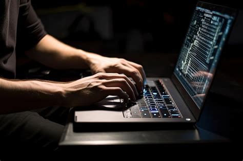 Premium AI Image | Man working on laptop computer in dark room Close up of male hands typing on ...