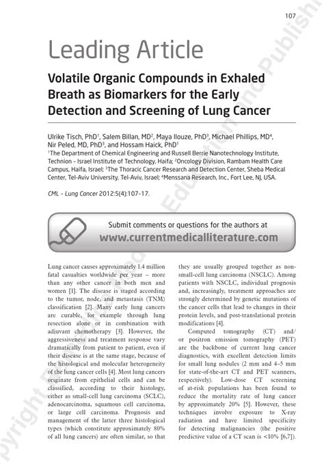 Pdf Volatile Organic Compounds In Exhaled Breath As Biomarkers For The Early Detection And