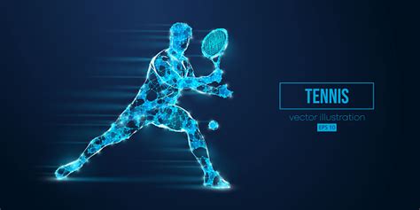 테니스 선수의 추상적인 와이어프레임 실루엣은 파란색 배경에 삼각형과 입자로 이루어져 있다 테니스 선수 남자가 공을 친다 벡터 그림 테니스에 대한 스톡 벡터 아트 및 기타