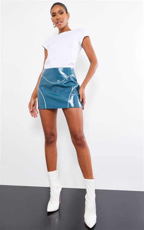 Petrol Blue Faux Leather Seam Front Mini Skirt | PrettyLittleThing USA