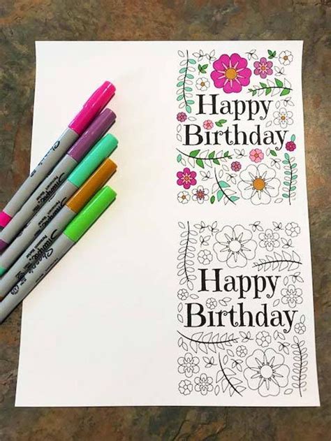 Happy Birthday Card With Flowers And Leaves Printable Pdf Coloring