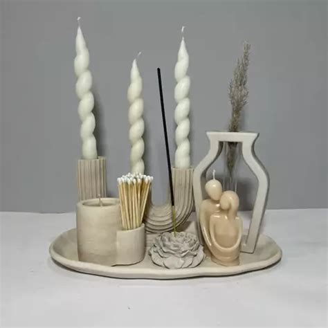 خرید و قیمت ست دکوری سنگ مصنوعی و شمع با ترکیب رنگ کرم و شمع سفید ترب