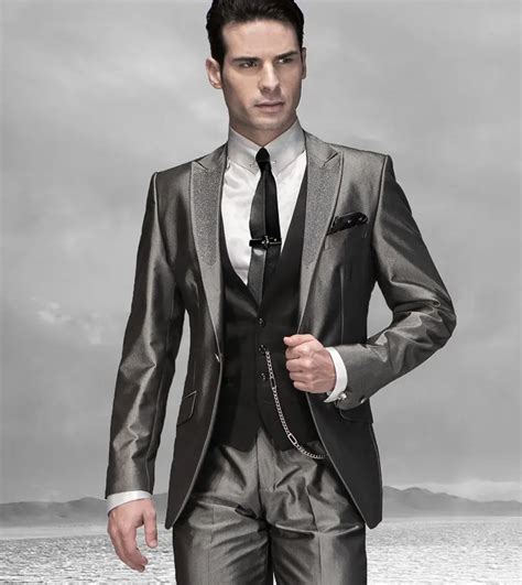 Newest Groom Tuxedo Groomsmen Shiny Gray Wedding Dinner Evening Suits Best Man Bridegroom