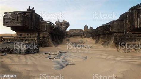 외딴 외계 행성의 사막에 있는 전초 기지의 버려진 폐허의 3d 렌더링 사막에 대한 스톡 사진 및 기타 이미지 사막 가공의