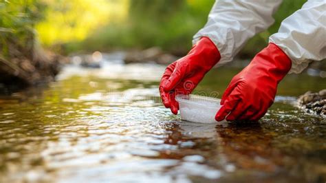 Water Sampling In Nature With Red Gloves And Clear Container Stock