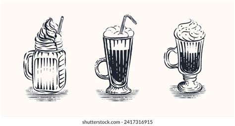 Frappuccino Latte Macchiato Set Engraving Coffee Stock Vector Royalty