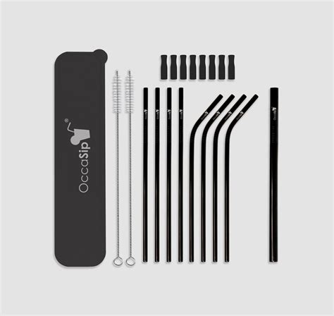 Reusable Metal Straw Set Black Stainless Steel Straws With Silicone
