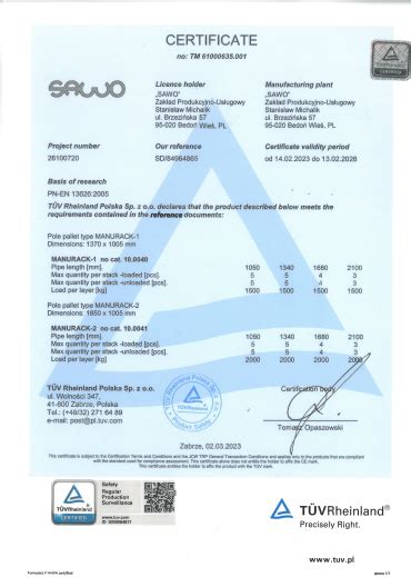 Certificates Post Pallet Manufacturer Poland Manurack Sawo