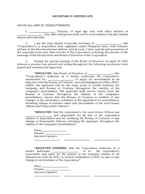 Secretary Certificate Boc Importation 042221 Pdf Board Of Directors Government