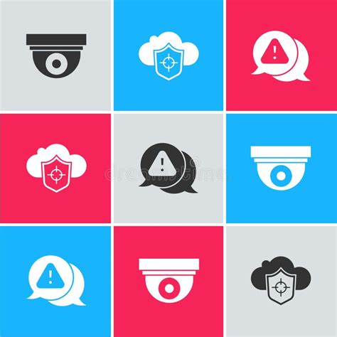 Set Security Camera Cloud And Shield And Exclamation Mark In Triangle Icon Vector Stock Vector