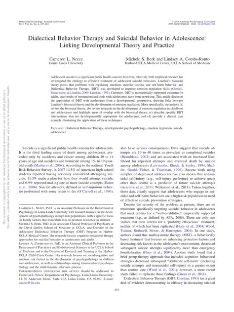 Pdf Dialectical Behavior Therapy And Suicidal Behavior In Adolescence Linking Developmental