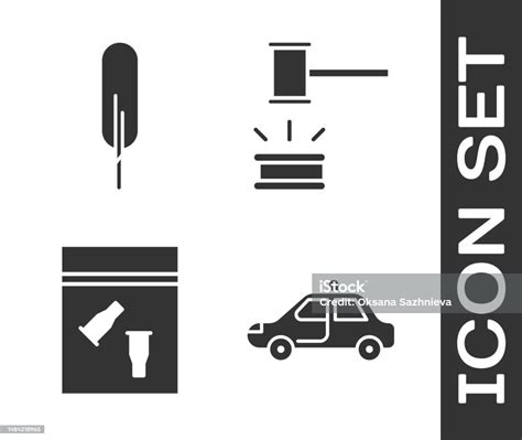 경찰차와 점멸 장치 깃털 펜 증거 가방과 총알 판사 망치 아이콘을 설정합니다 벡터 가방에 대한 스톡 벡터 아트 및 기타 이미지 가방 경매 경찰관 Istock