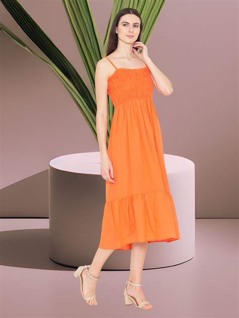 Orange Color Kansai Square Neck Midi Dress