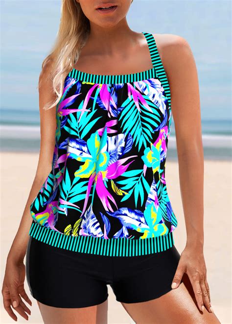Patchwork Tropical Plants Print Multi Color Tankini Top