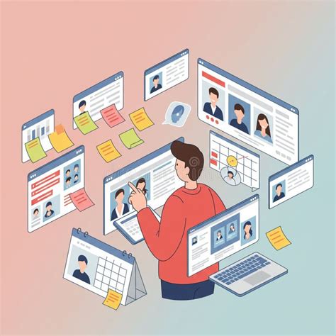 Illustration Of A Man Interacting With Multiple Floating Web Browser Windows F Stock