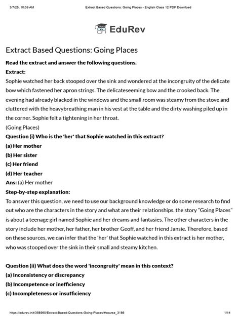 Extract Based Questions Going Places English Class 12 Pdf Download