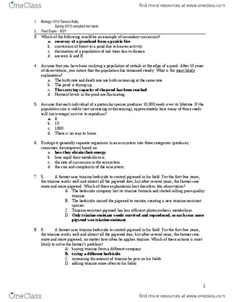 BIOL 1001 Final Bio1001 Exam OneClass